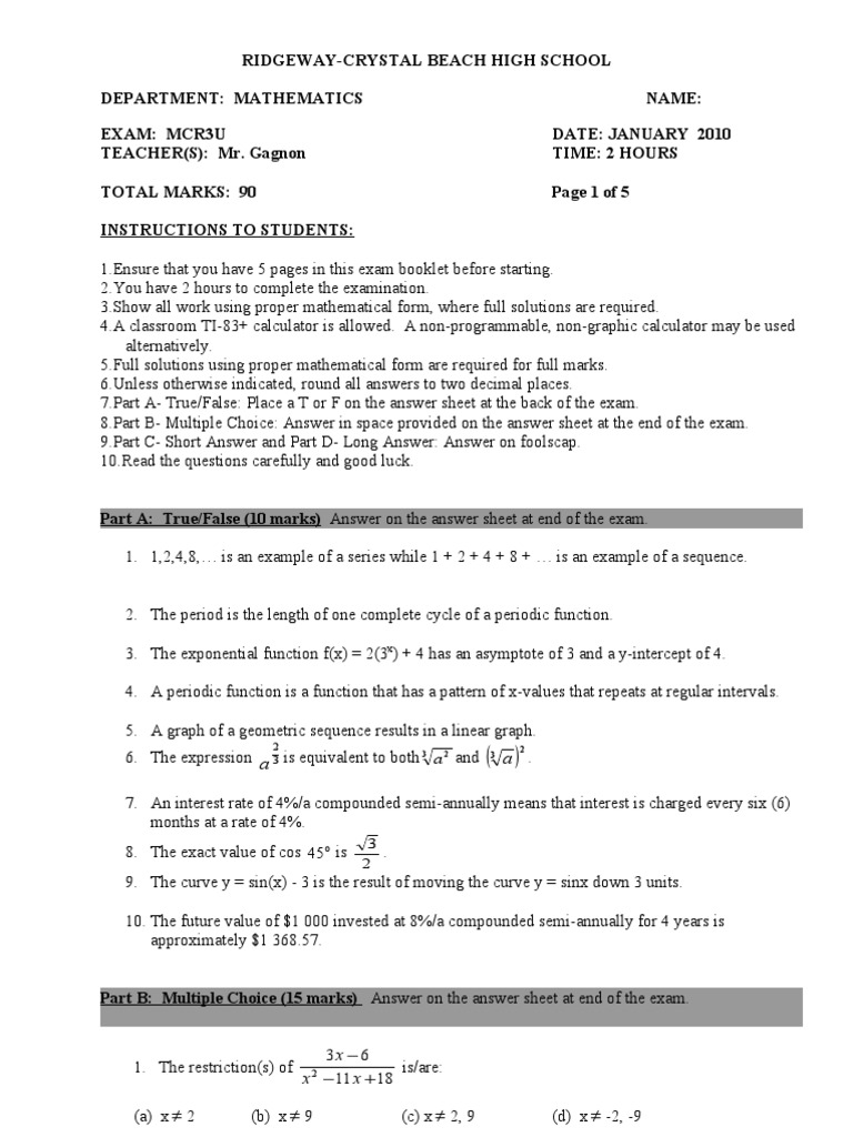 Ridgeway-Crystal Beach High School Department: Mathematics Exam | PDF ...
