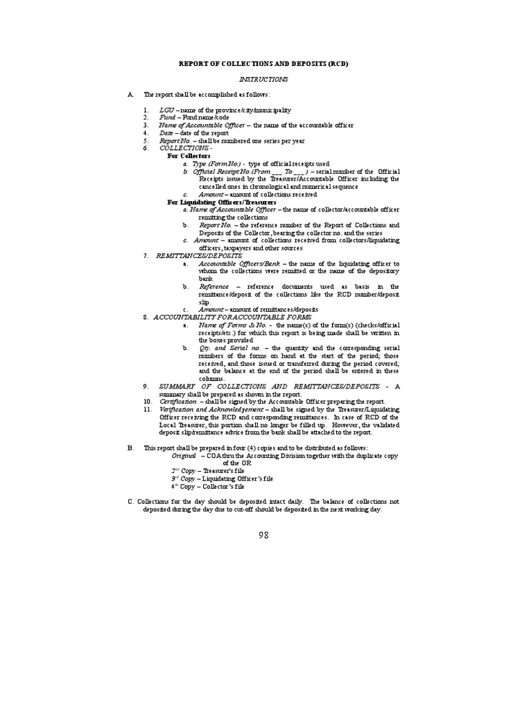 Instructions: Report of Collections and Deposits (RCD) | PDF