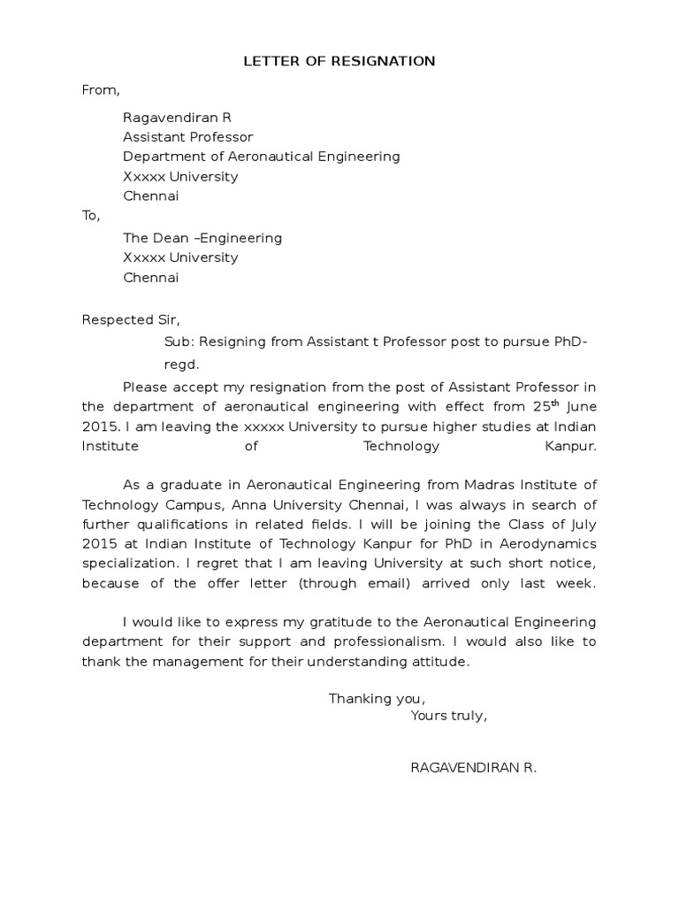 Resignation Letter for Assistant Professor | PDF | Academia | Engineering
