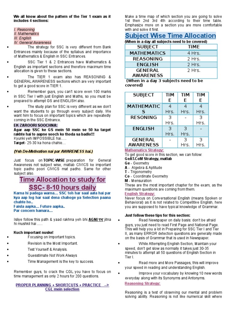 Subject Wise Time Allocation: Time Allocation To Study For SSC-8-10 ...