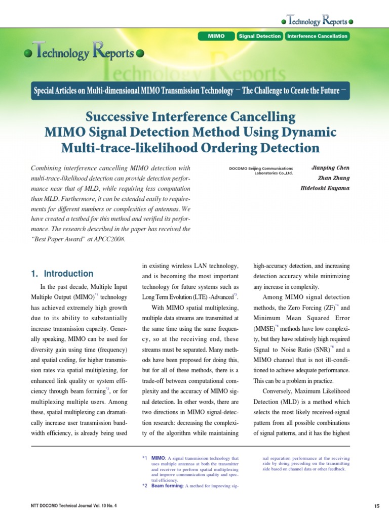 Successive Interference Cancelling MIMO Signal Detection Method Using ...