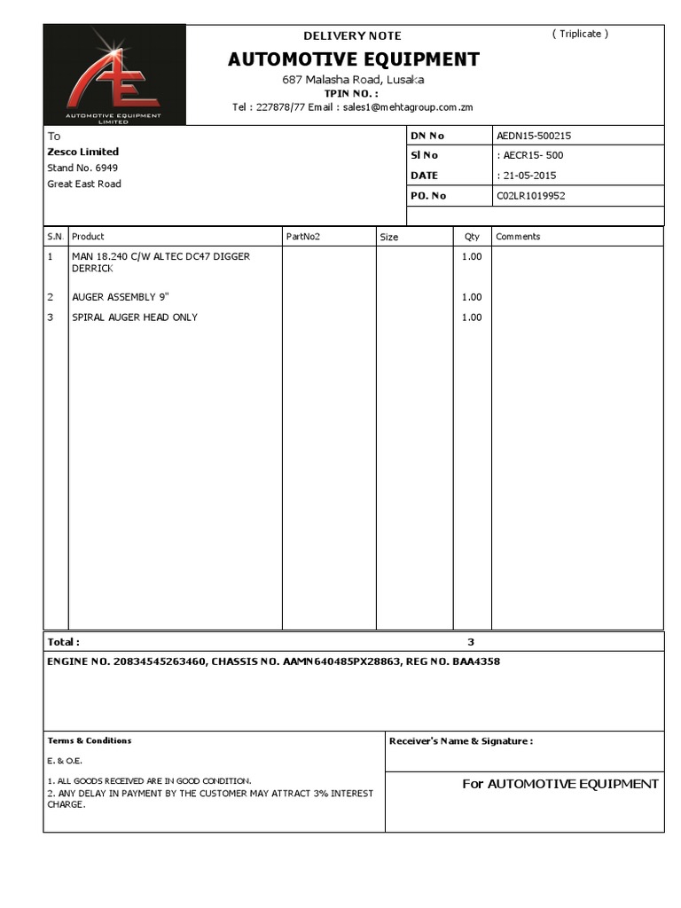 Zesco Limited Automotive Delivery Note | PDF