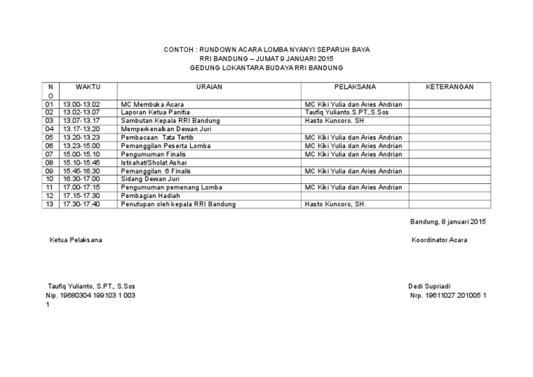 Contoh Pembuatan Rundown Acara Lomba Nyanyi Separuh Baya | PDF ...