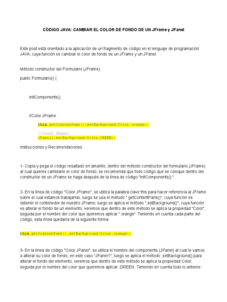 CÓDIGO JAVA para Cambiar Color JFrame | PDF | Entorno de desarrollo ...