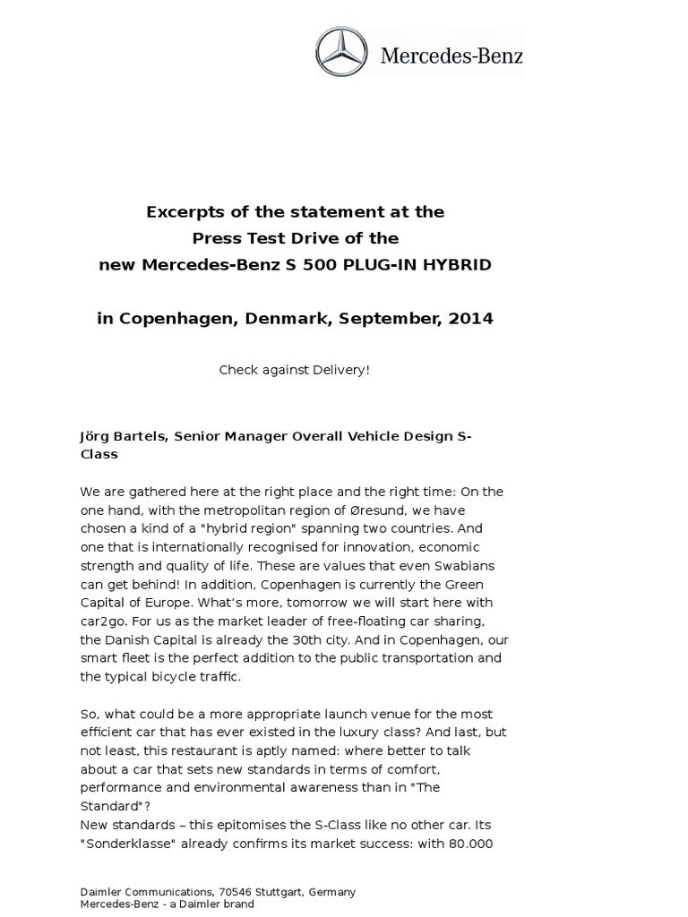 Excerpts of The Statement at The Press Test Drive of The New Mercedes ...