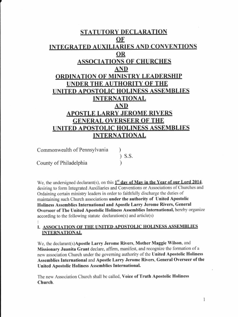 Statutory Declaration of Association of Churches PDF | PDF | Baptism ...