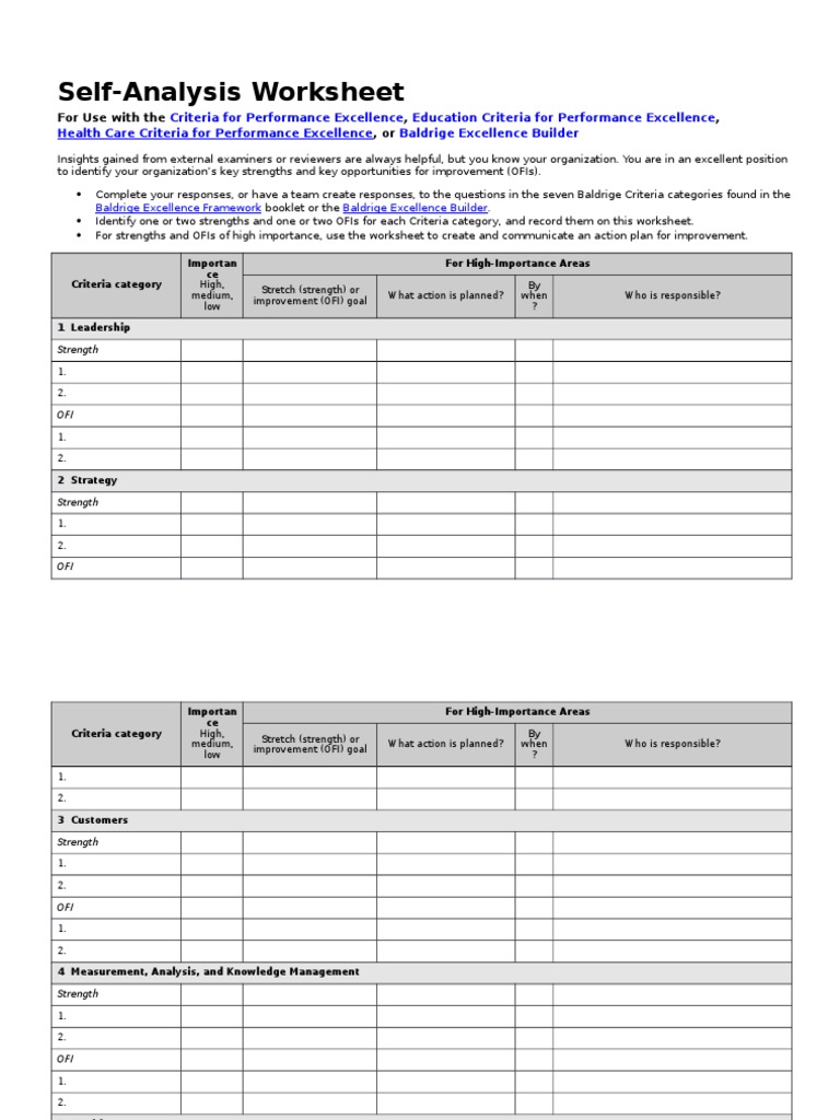 Baldrige Self-Analysis Worksheet Guide | PDF