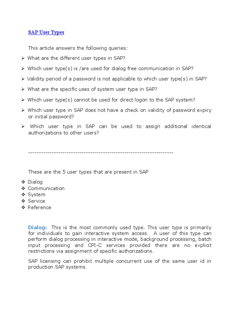 SAP User Types | PDF | Password | Login