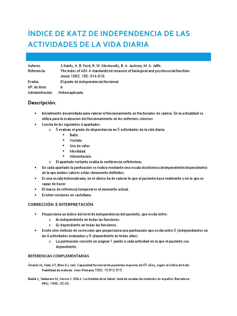 Indice de Katz de Independencia de Las ACTIVIDADES de LA VIDA DIARIA ...