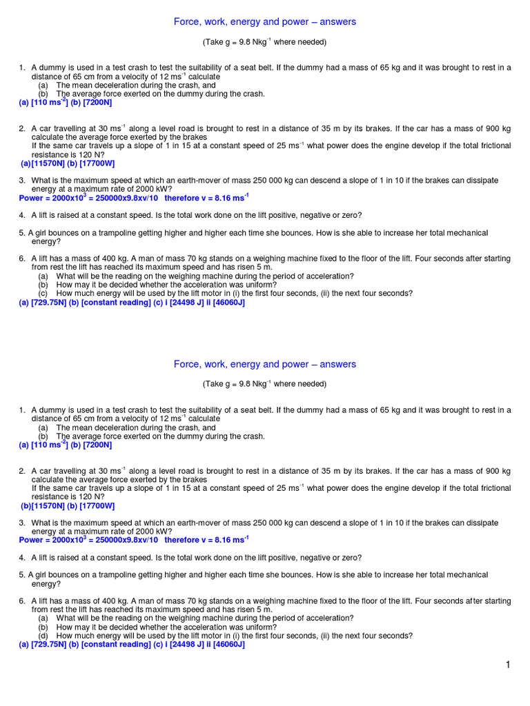 Force Work Energy and Power | PDF | Force | Mass