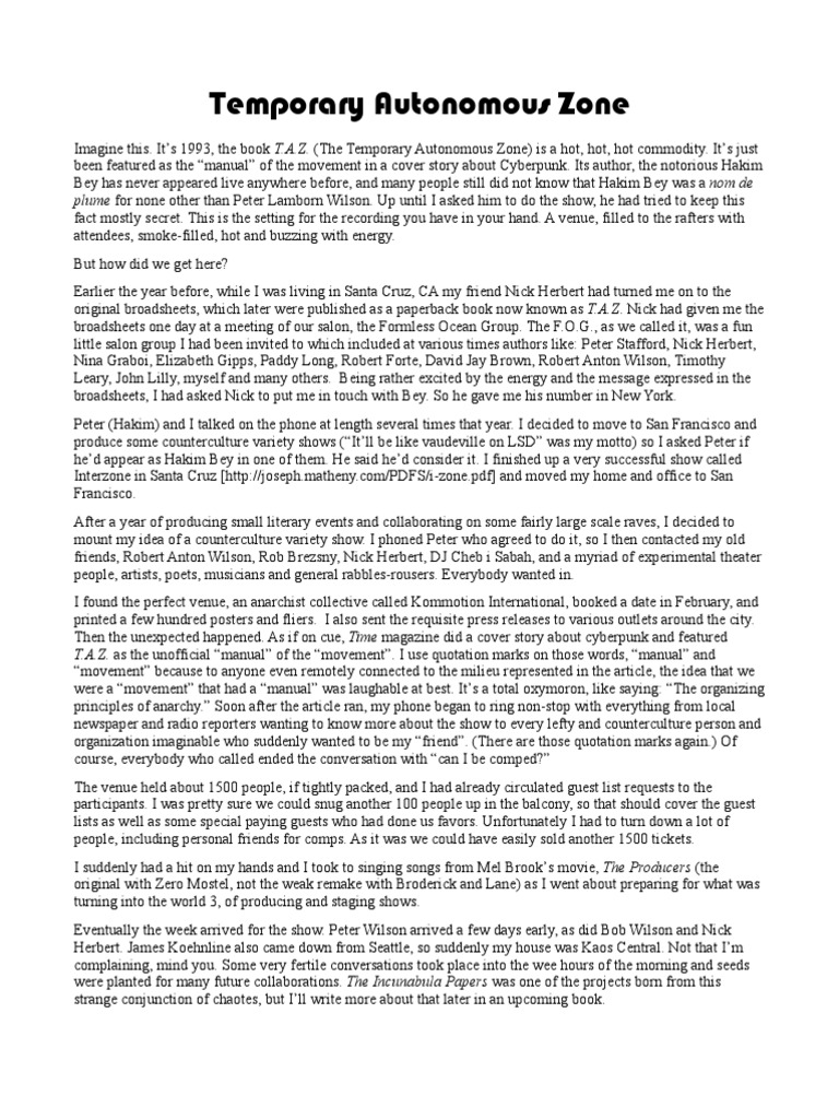 T.A.Z.: Temporary Autonomous Zone Liner Notes by Joseph Matheny | PDF