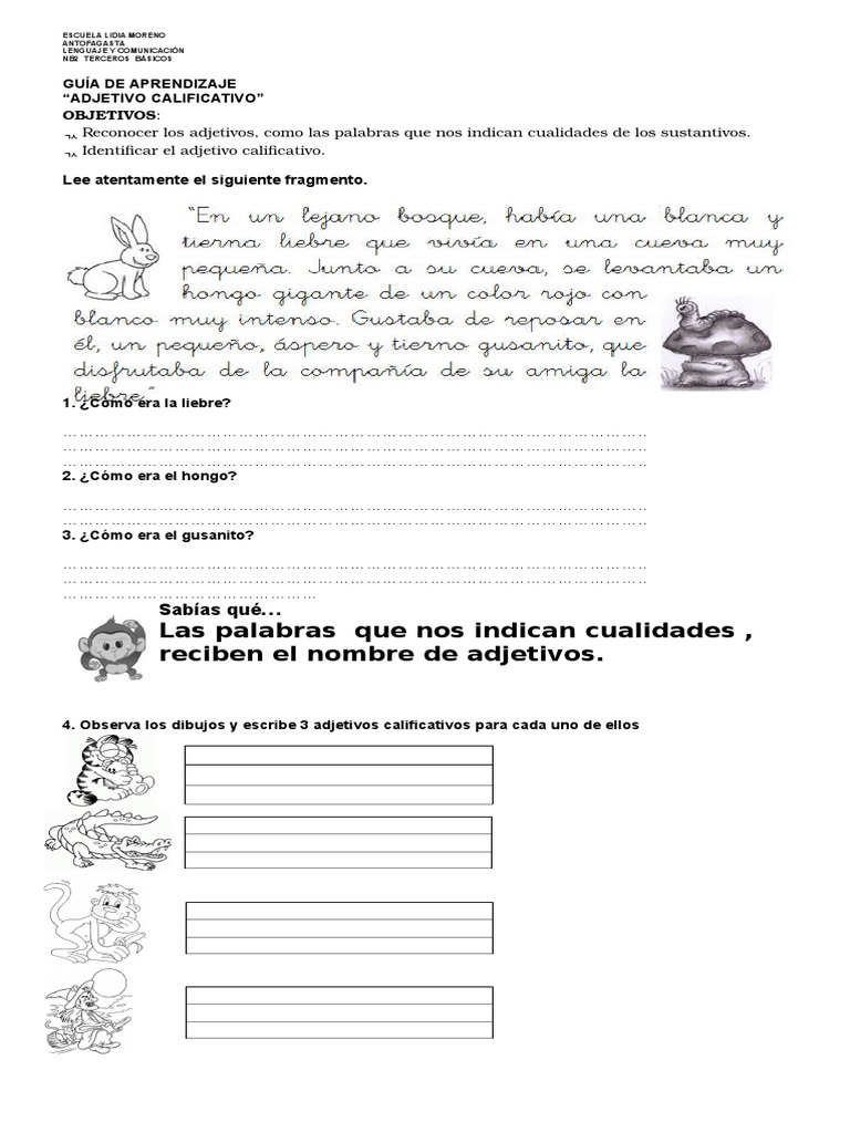 Guía de Aprendizaje Adjetivo | PDF