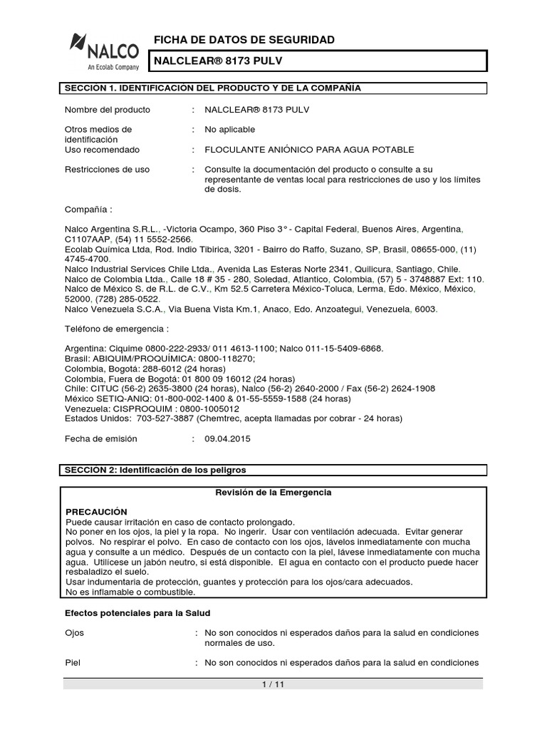 Nalco 8173 | PDF | Solubilidad | Agua