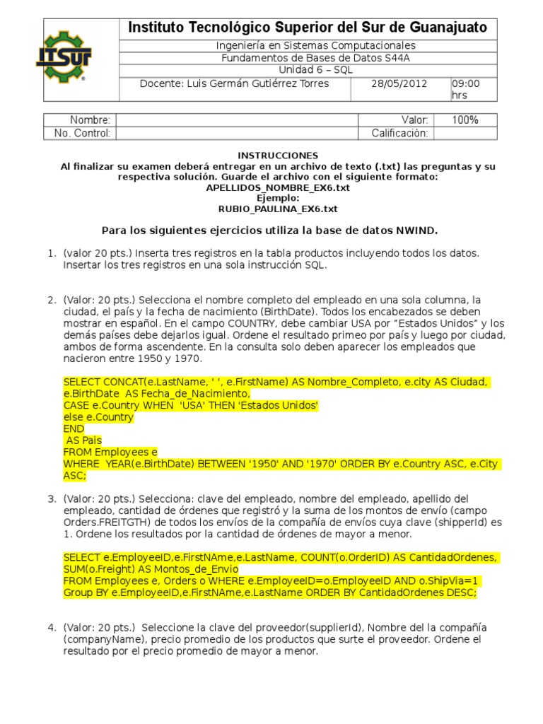 4ssa Fundamentos de Bases de Datos Examen Unidad 6 Regu | PDF | SQL ...