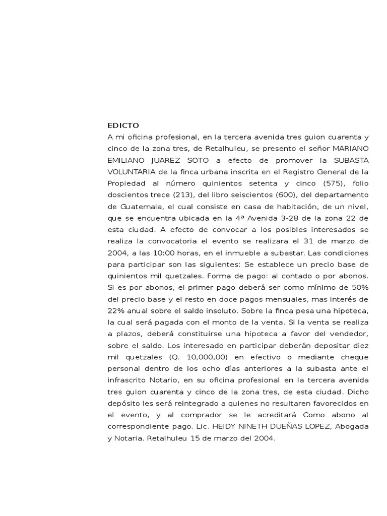 EDICTO Subasta Voluntaria | PDF
