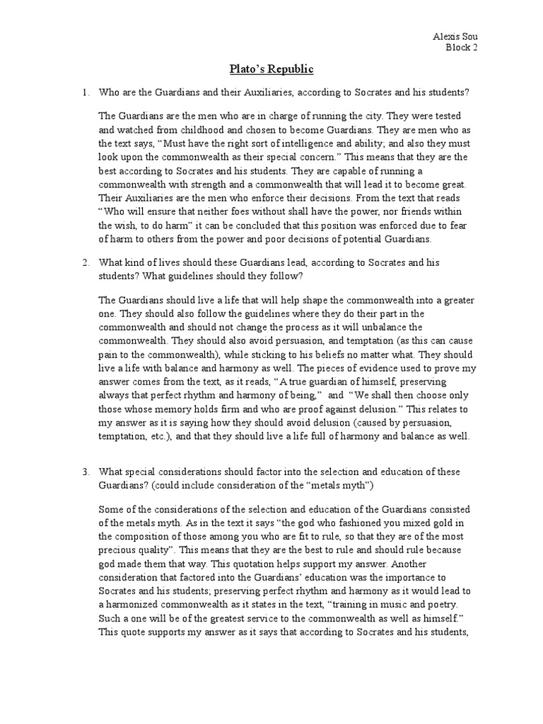Plato's Republic Seminar Questions | PDF | Plato | Psychological Concepts