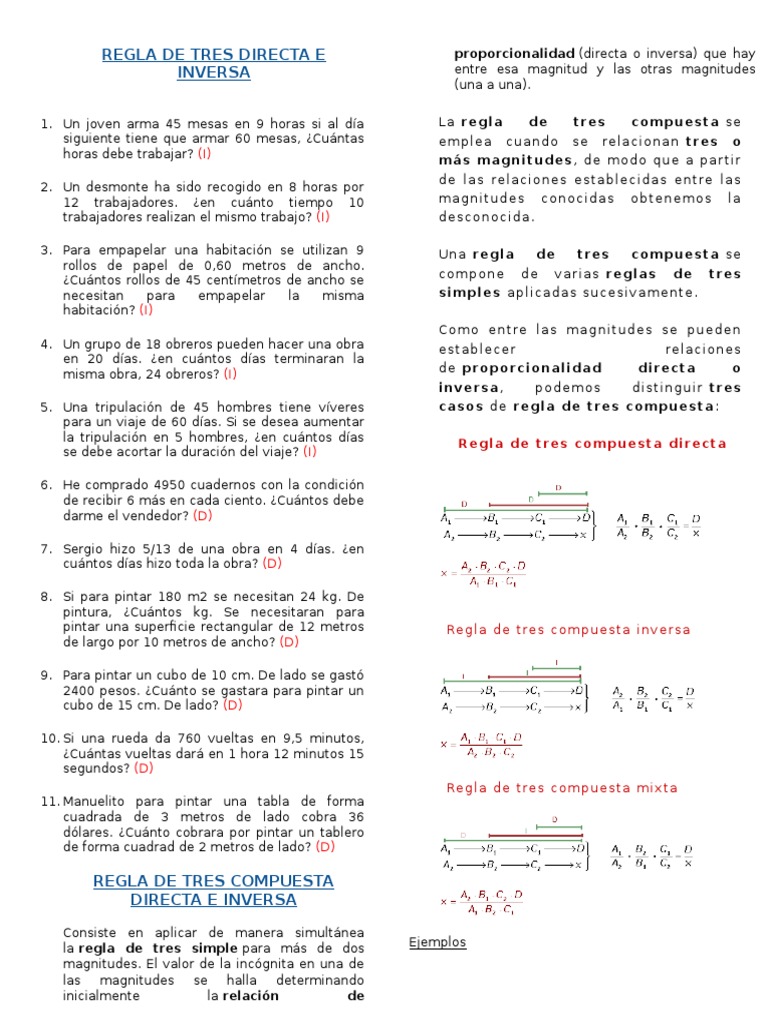 Ejercicios de Regla de Tres Directa e Inversa | PDF | Matemática ...