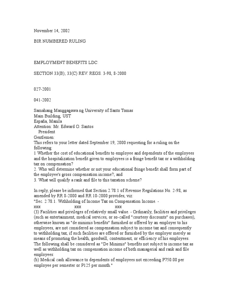 BIR Ruling 2002 | PDF | Employee Benefits | Taxes