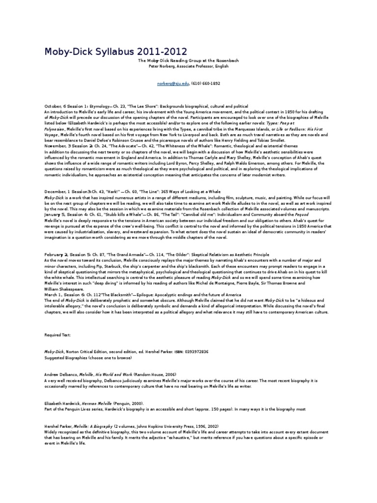 Moby-Dick Reading Group Syllabus | PDF | Moby Dick | Herman Melville