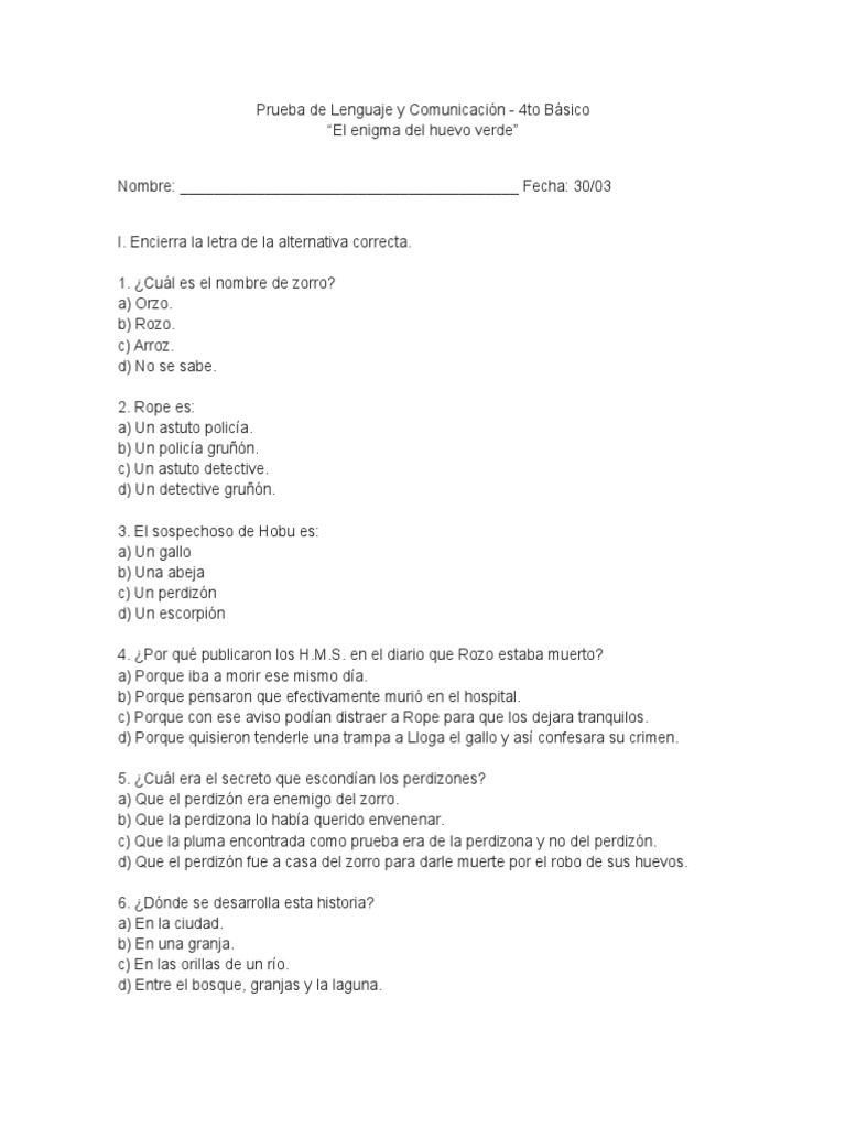 Prueba de Lenguaje El Enigma Del Huevo Verde | PDF | Violencia | Ocio