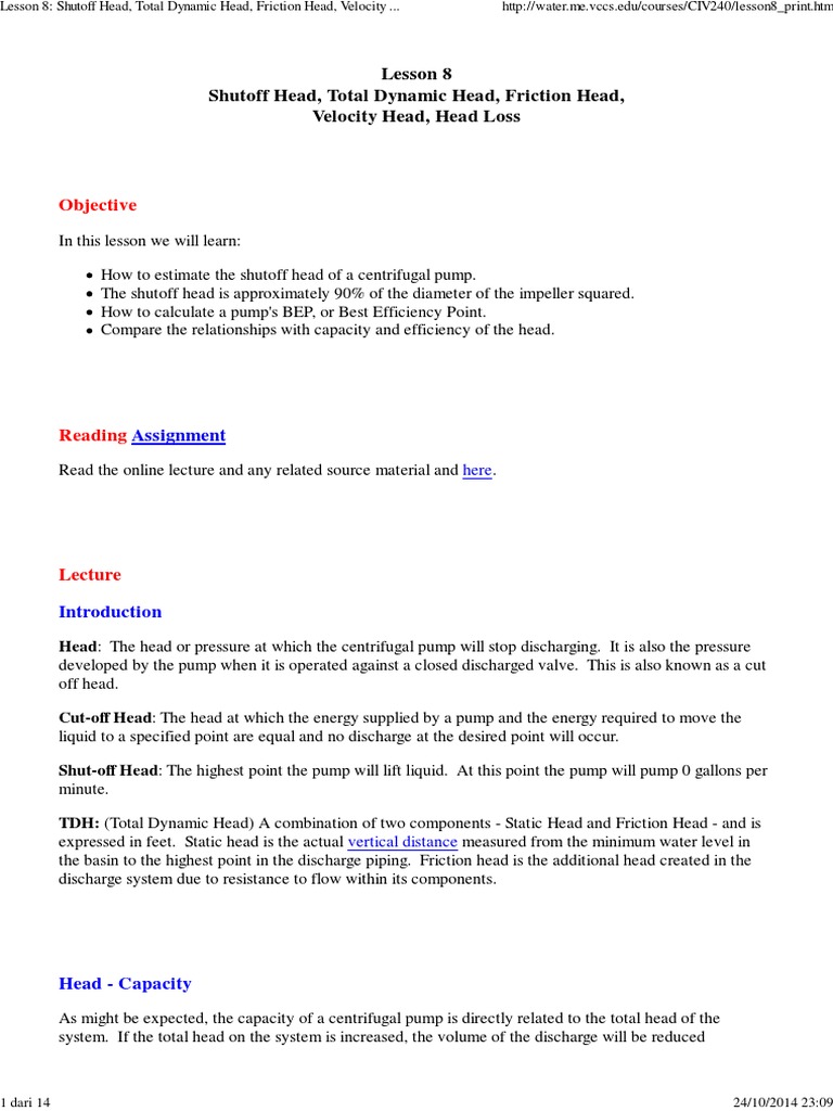 Lesson 8 - Shutoff Head, Total Dynamic Head, Friction Head, Velocity ...