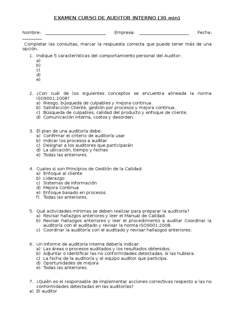 Examen de Auditor Interno | PDF | Contralor | Calidad (comercial)
