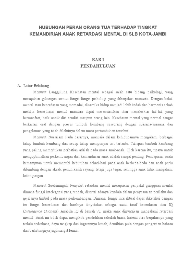 Hubungan Peran Orang Tua DGN Tingkat Kemandirian Anak Retardasi Mental | PDF | Kesehatan Holistik