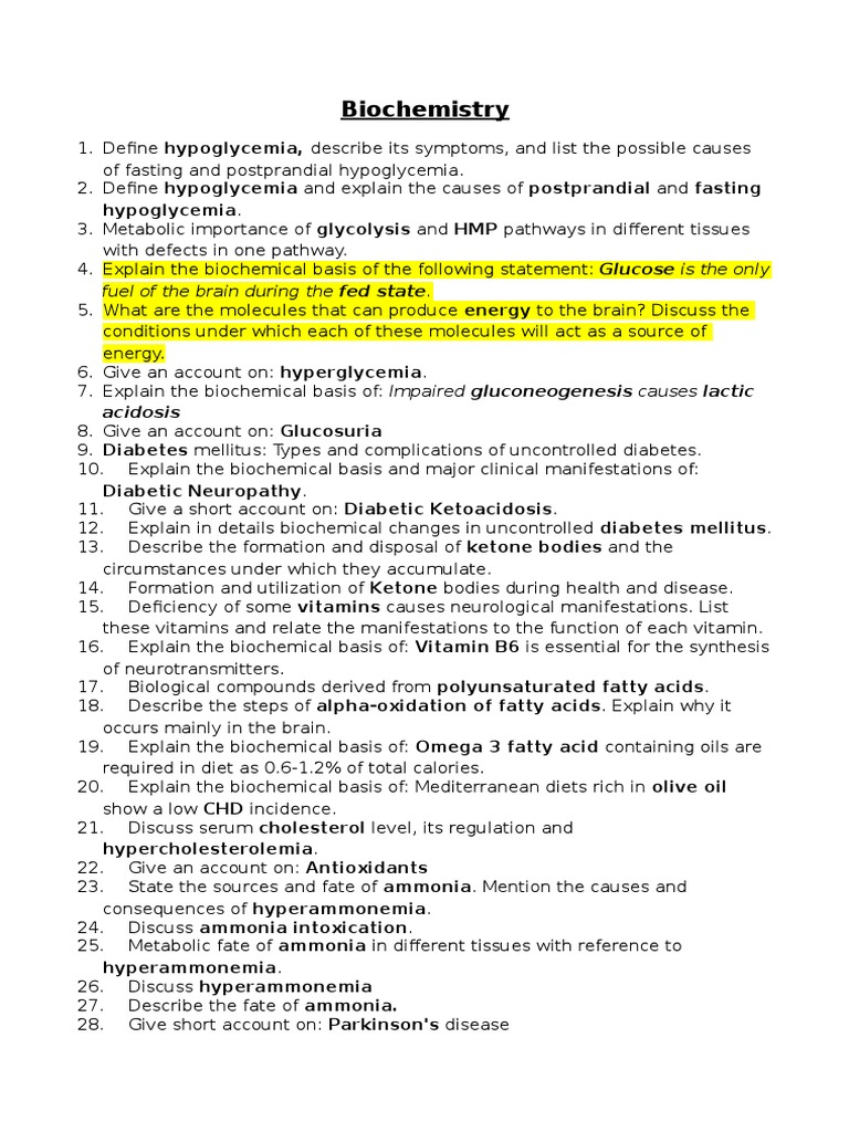 Biochemistry Questions | PDF | Biochemistry | Chemistry