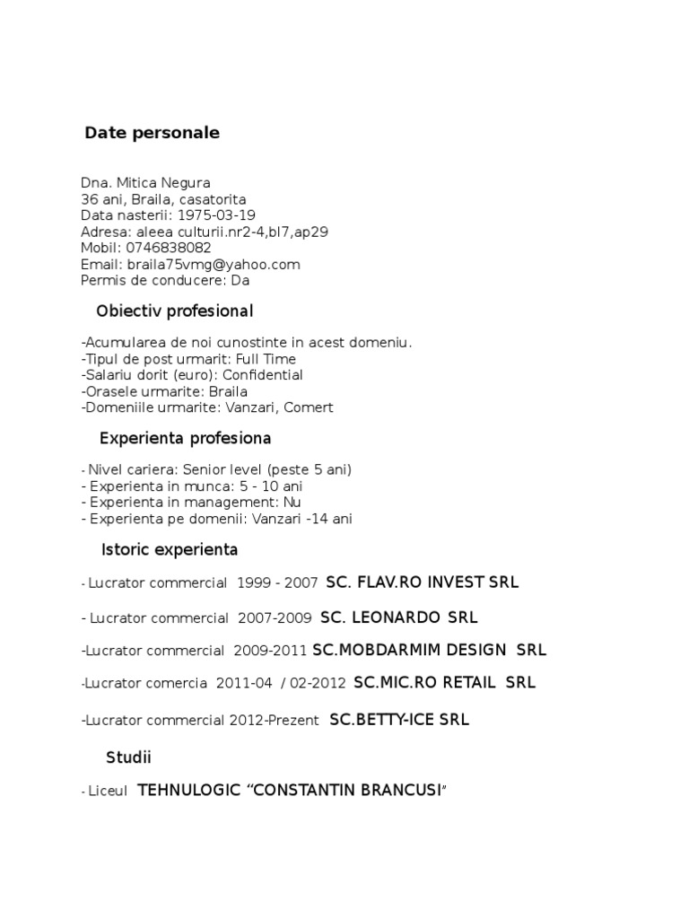 Obiectiv Profesional pentru CV Vanzari | PDF
