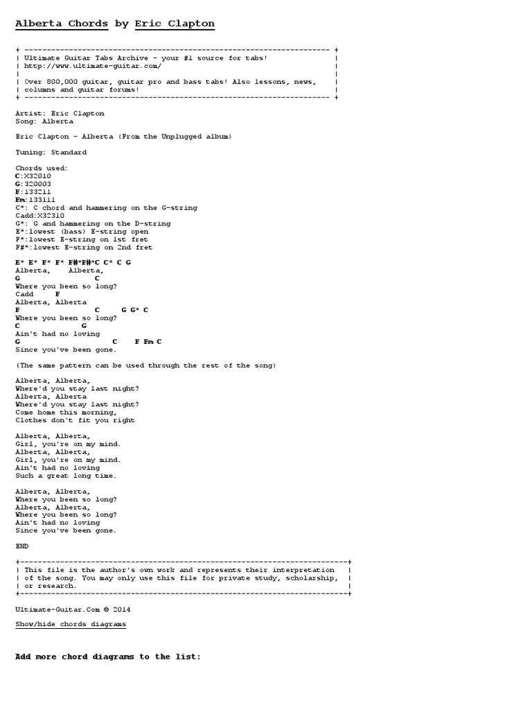 Alberta Chords by Eric Clapton: C:X32010 G:320003 F:133211 Fm:133111 | PDF