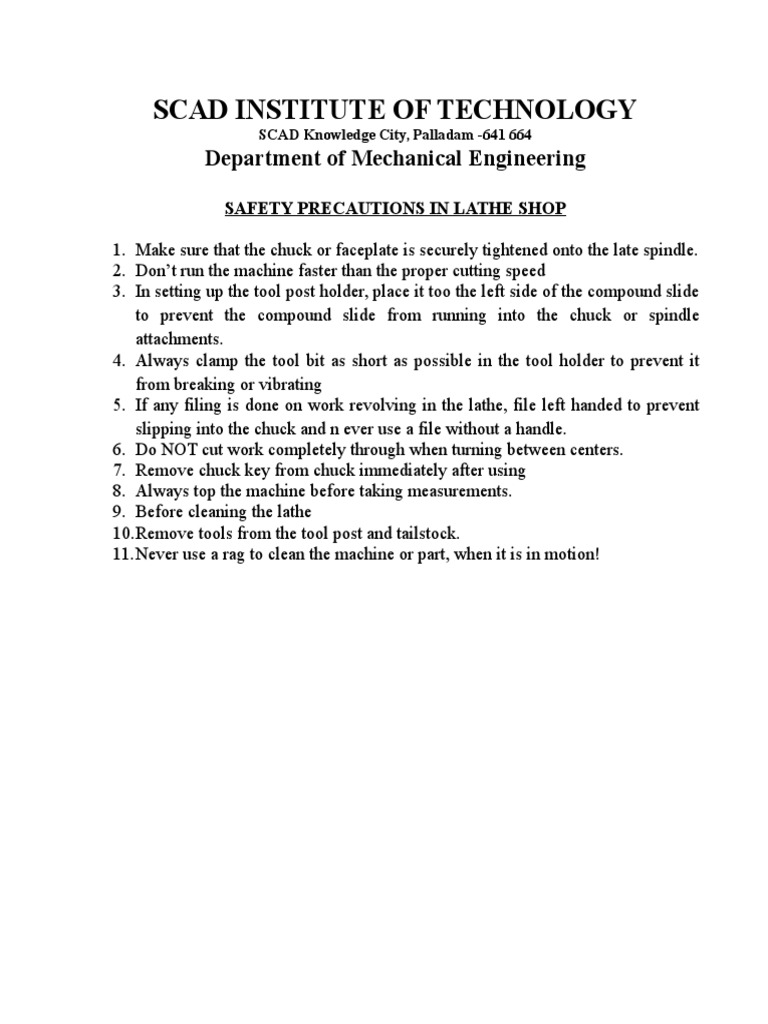 Safety Precautions Lathe Machining | PDF