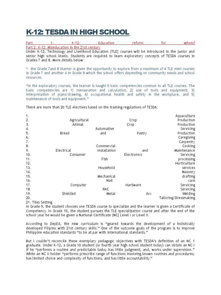 K-12 TLE Courses | PDF | Curriculum | Educational Technology