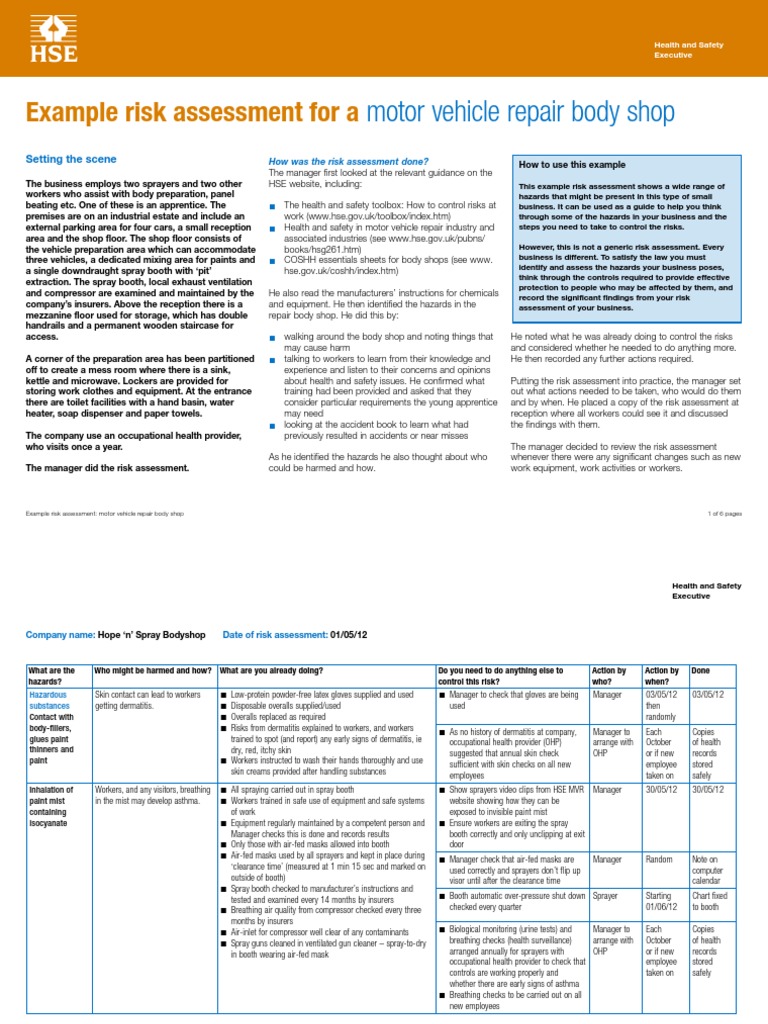 Motor Vehicle Repair Body Shop: Example Risk Assessment For A | PDF ...