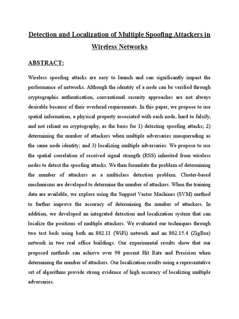 Detection And Localization Of Multiple Spoofing Attackers In Wireless Networks Pdf Routing