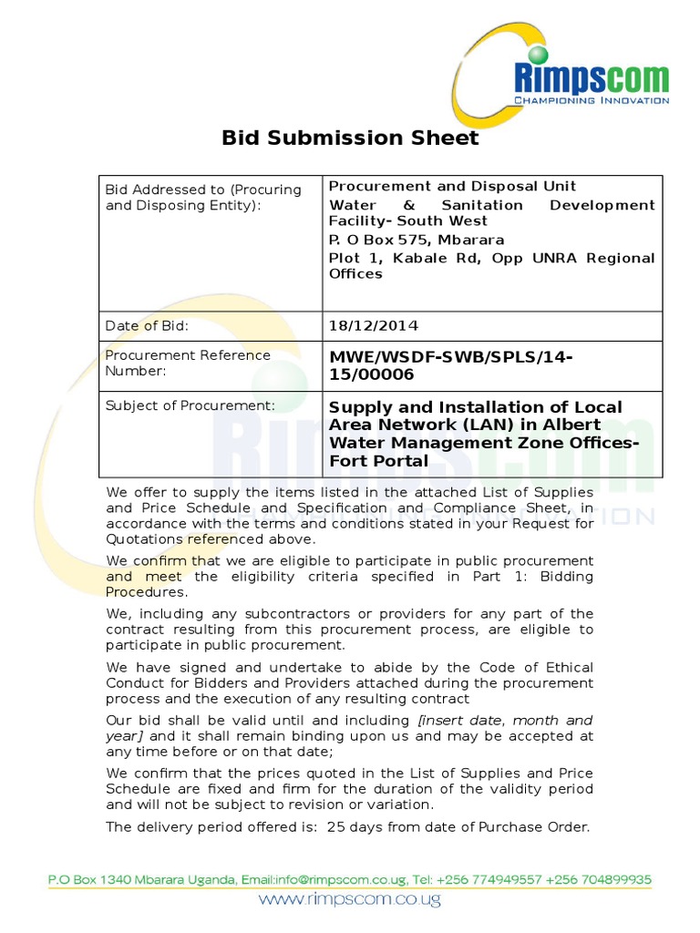 Bid Submission Sheet For LAN Set Up Final | PDF | Ethernet | Electronics