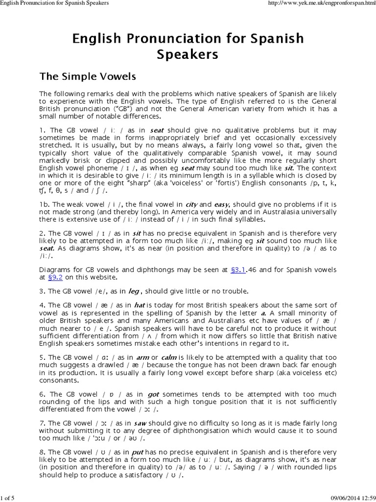 English Pronunciation For Spanish Speakers | PDF | English Language | Vowel