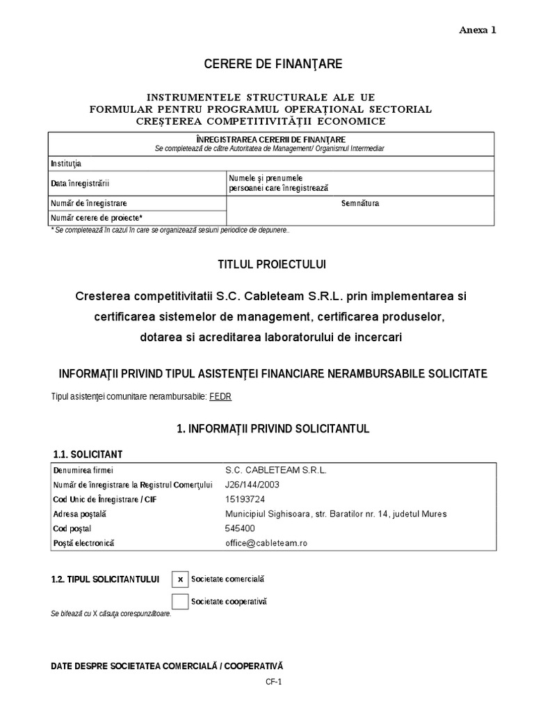 Cerere de Finantare | PDF