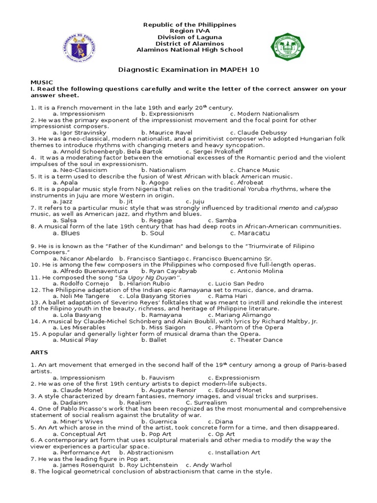 Diagnostic Test MAPEH 10 | PDF | Physical Exercise | Health Professional