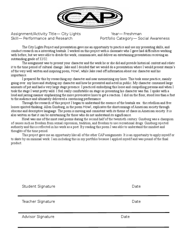 Assignment/Activity Title - City Lights Year - Freshman Skill ...