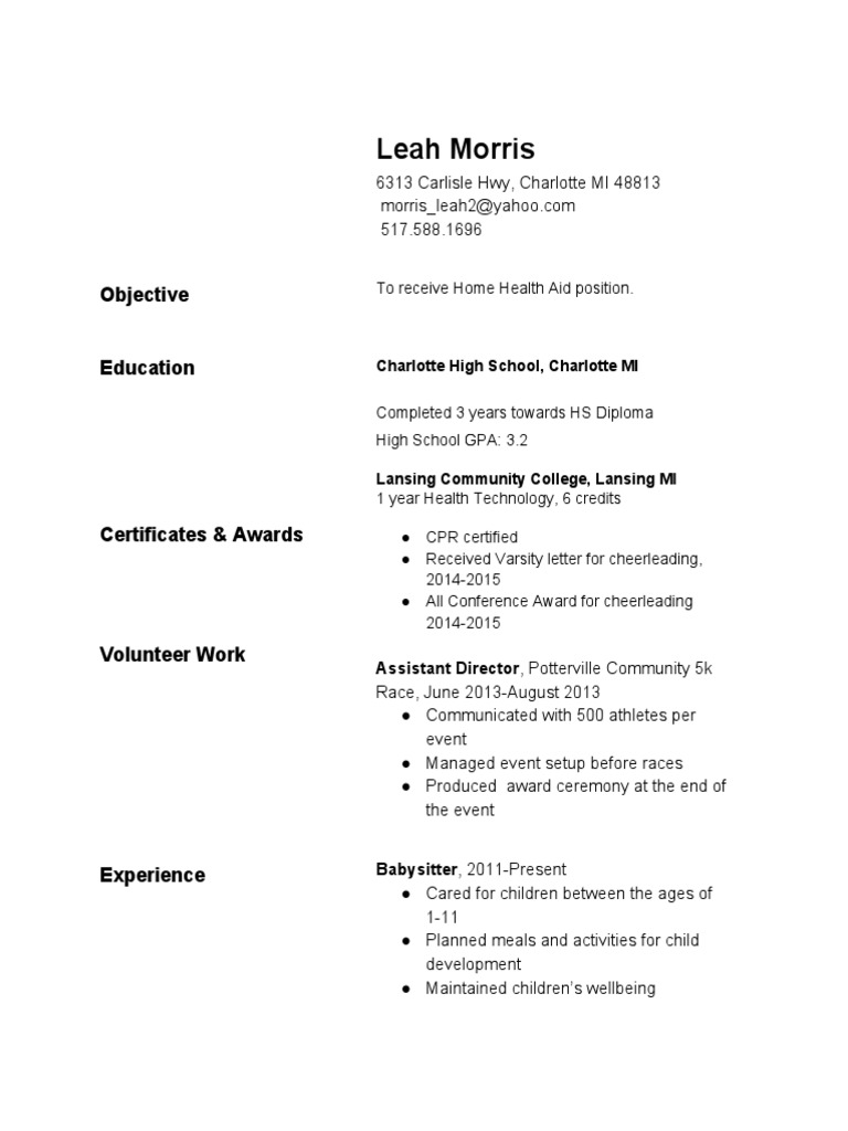 Home Health Aid Resume of Leah Morris | PDF