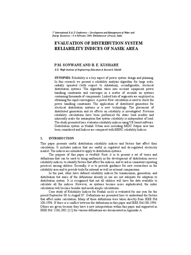 Nashik Distribution System Reliability Indices | PDF | Electrical Substation | Reliability ...