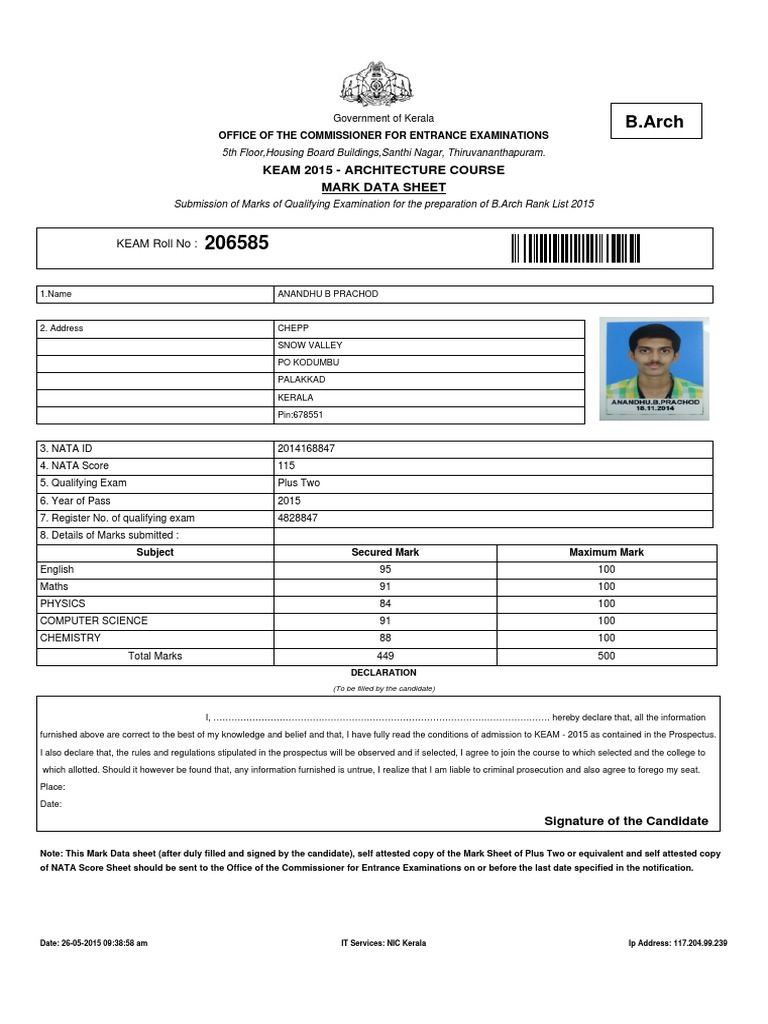 B.Arch: Keam 2015 - Architecture Course Mark Data Sheet | PDF ...