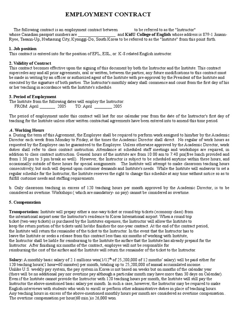 Sample Contract For ESL Korea | Download Free PDF | Sick Leave ...