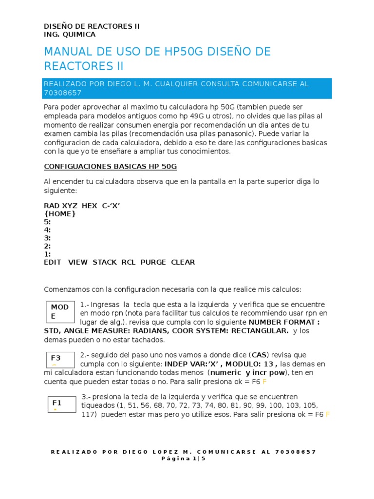 Manual de Uso de Hp50g Diseño de Reactores II | PDF
