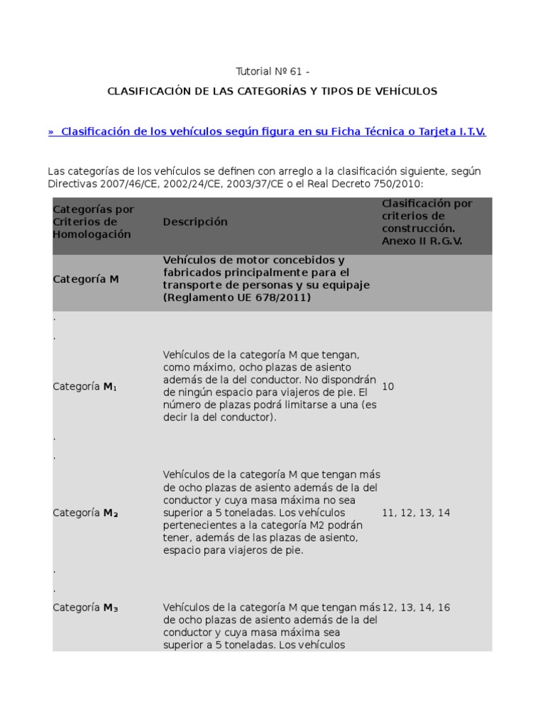 Clasificación de Las Categorías y Tipos de Vehículos según la Unión ...