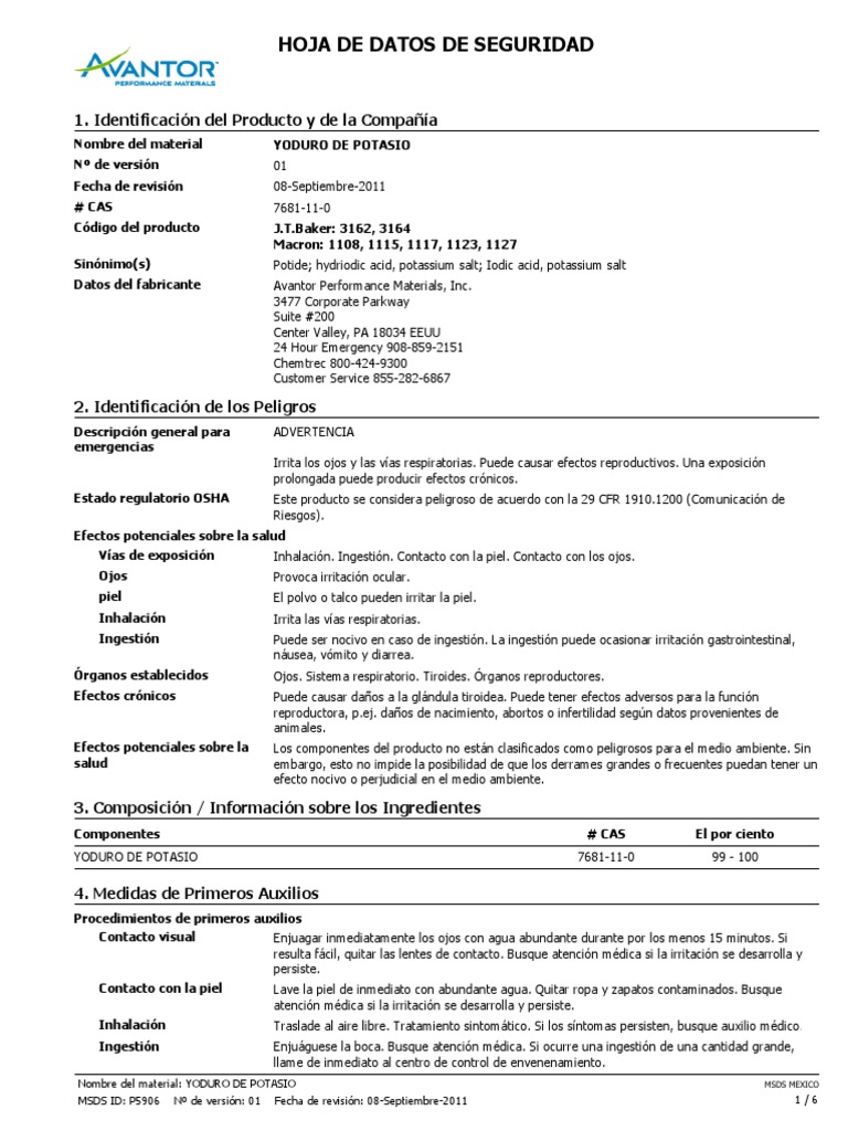 Hoja De Seguridad Del Yoduro De Potasio Pdf Polvo Agua