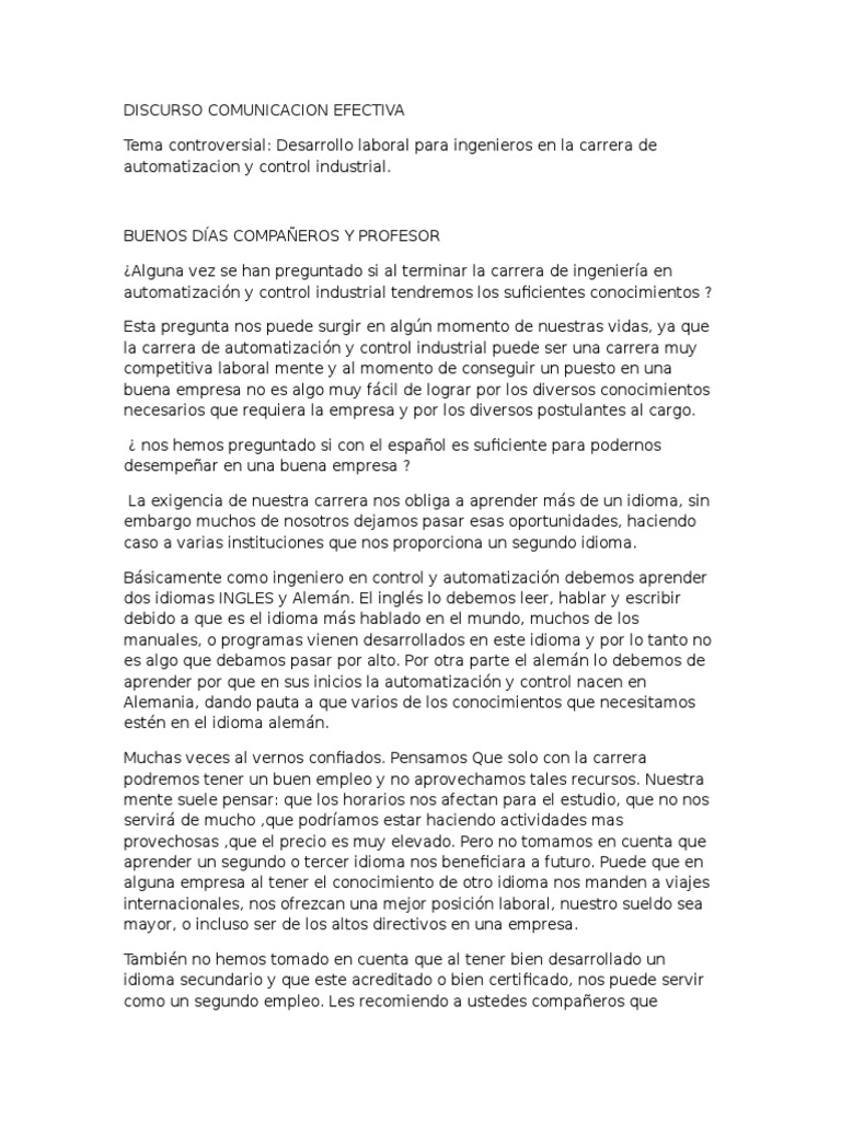 Discurso Comunicacion Efectiva.rtf | Ingeniería | Alemania Discurso Comunicacion Efectiva.rtf | Ingeniería | Alemania