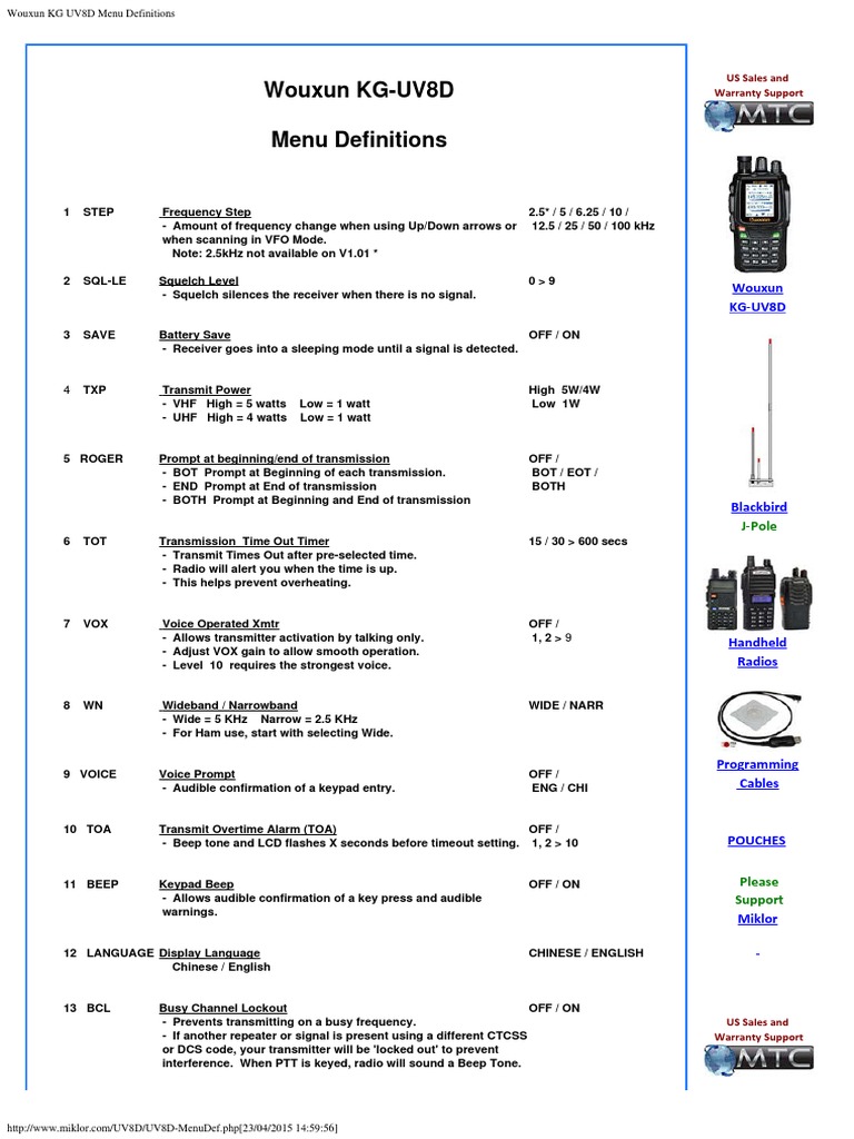 Wouxun KG UV8D Menu Definitions | PDF | Telecommunications | Oral Communication