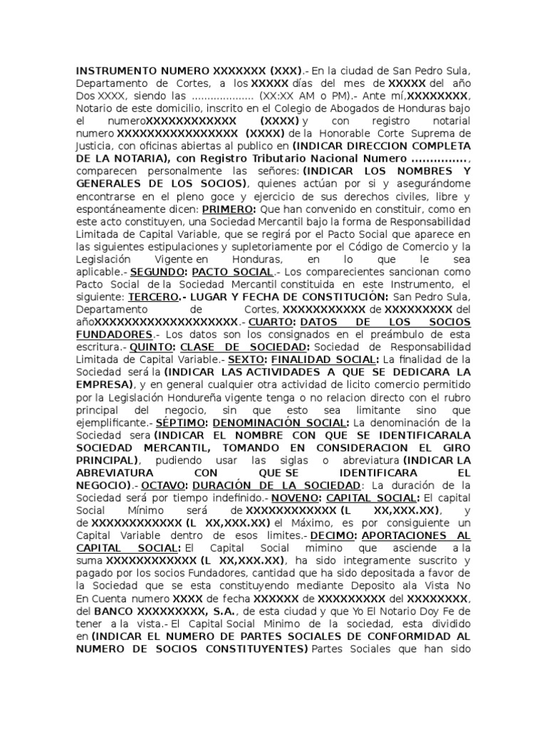 Formato Escritura Constitucion Sociedad de Responsabilidad Limitada de Capital Variable ...