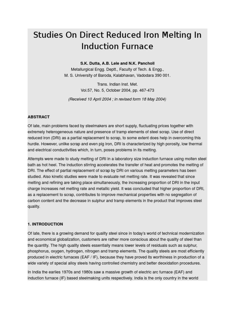 Studies On Direct Reduced Iron Melting in Induction Furnace | PDF ...